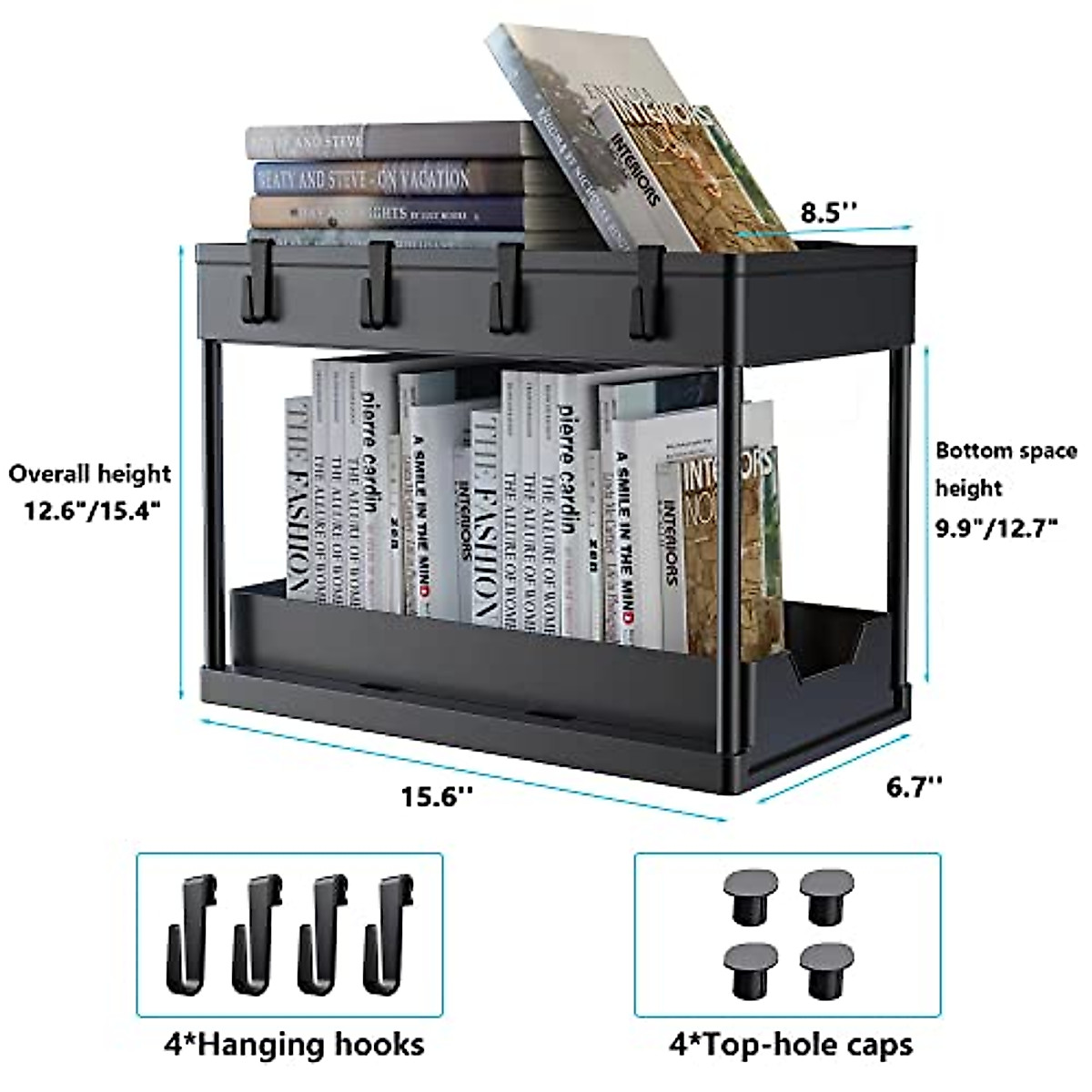 Under Sink Organizers and Storage - Adjustable Height Sliding 2-Tier Pull Out Drawer Rack Multi-Purpose Under Sink Shelf Organizer for Kitchen Bathroom Under Counter Cabinet Storage (Dark Black-2pcs)