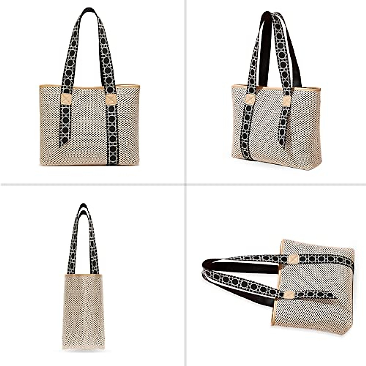 QTKJ Straw Bag, Beach Bags for Women, Soft Woven Beach Tote Canvas Shoulder Strap, Handmade Rattan Handbag for Vacation, Travel and Daily (Black 2)