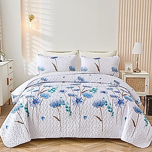 Dinjoy 3 Pieces Blue Floral Queen Quilt Set Purple Floral Coverlet Sets Lightweight Flower Boho Bedspread Quilt Microfiber Summer Quilt with 2 Pillowcases for Adult Women (Queen,90×90 Inches)
