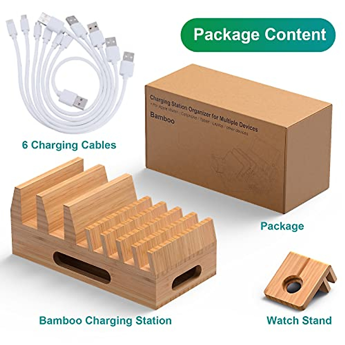 Pezin & Hulin Bamboo Charging Station Organizer for Multiple Devices & Wood Desktop Docking Charging Stand Such As Cell Phone, Tablets, Phone Case and Watch Stand (No USB Charger)