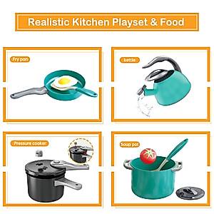Zero Zoo 33Pcs Kids Kitchen Toy Accessories, Toddler Pretend Cooking Playset with Play Pots, Pans, Utensils, Cookware, Canned Vegetables, Cut Play Foods, Learning Gift for Girls Boys (33 Pcs-Green)
