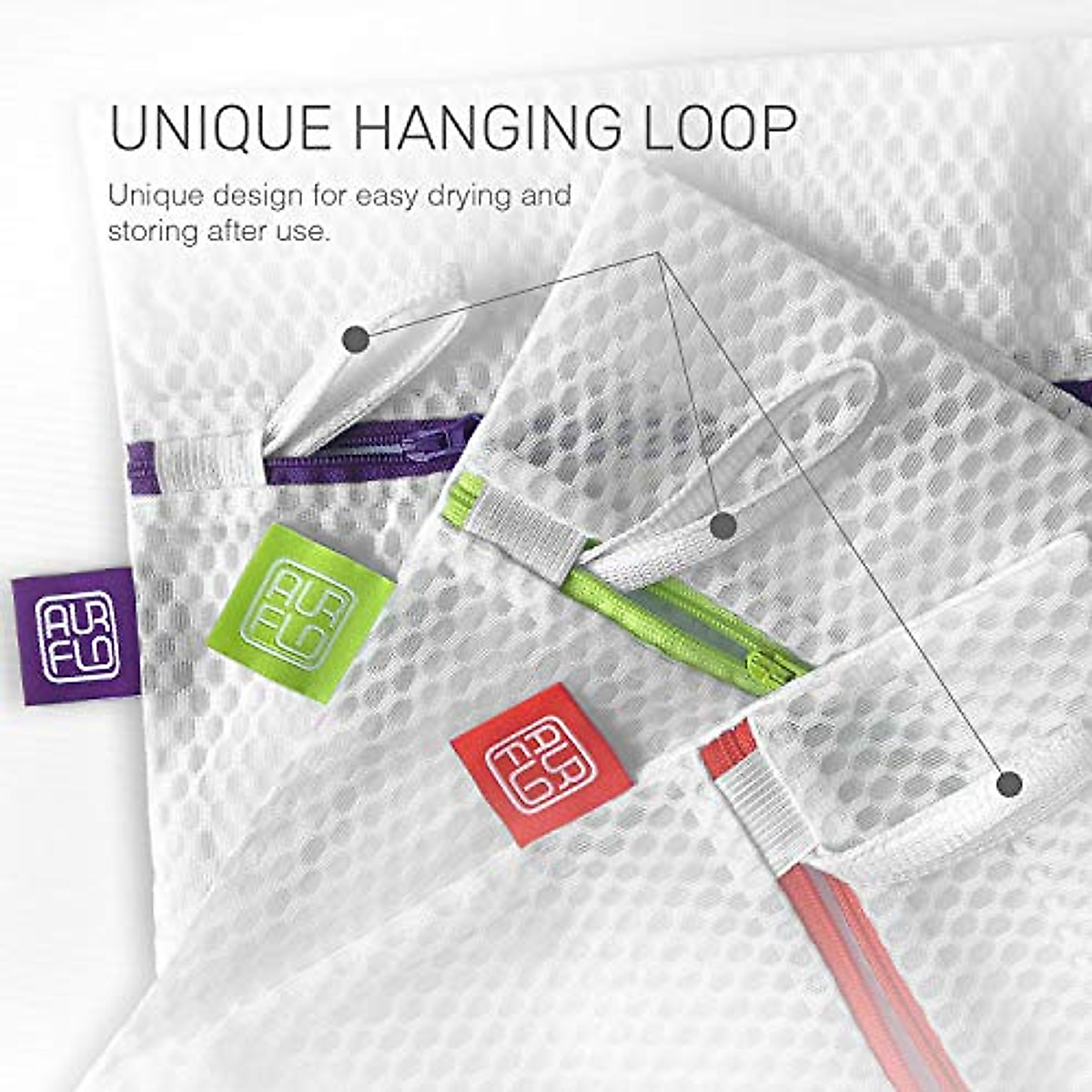 AURFLO Mesh Laundry Bag-Set of 3 Medium Heavy Duty Net with Zipper Lock, Color Coding and Hanging Loop-Safe Wash and Organizer for Travel, Lingerie, Gloves, Socks, Yoga Pants, Bra, Jeans, Sweater