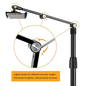 SupeDesk Phone Stand Overhead Recording Stand, Adjustable Cell Phone Holder, Multiangle, 3-Part Adujustable,Horizontal Recording Stand, Compatible with 3.5-11" Phone/iPad Mini/iPhone, Black