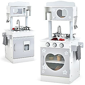 HONEY JOY Kids Kitchen Playset, Double Side Little Chef Play Kitchen for Toddlers, Oven & Sink, Ice Cube Dispenser, Utensils, Microwave, Storage Cabinet, Wooden Pretend Play Toy Kitchen Set, Gray