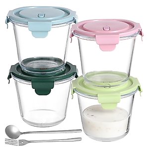 4 Pack Round Glass Meal Prep Containers with Airtight Lids, Leak-proof Storage Containers Set, Reusable Glass Soup Containers Overnight Oats Containers for Leftover, Fruit, Microwave & Freezer Safe