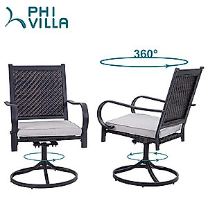 PHI VILLA Outdoor Patio Dining Set of 7, Rectangular Metal Steel Steel Slat Patio Dining Umbrella Hole Table, 6 Rattan Swivel Chairs with Cushion Furniture Set for Home Patio Porch Yard Garden Deck