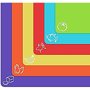 Extra Thick Flexible Plastic Cutting Board Mats with Food Icons & EZ-Grip Waffle Back, (Set of 6) Dishwasher Safe