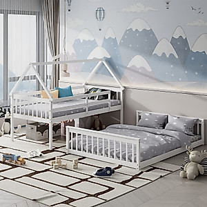 KOMFOTT Wood Twin Over Full House Bunk Bed with Built in Ladder, Solid Pine Wood Bunk Bed Frame with Safety Guardrails, House Bunk Bed Frame for Kids, Teens, Juniors, No Box Spring Needed (White)