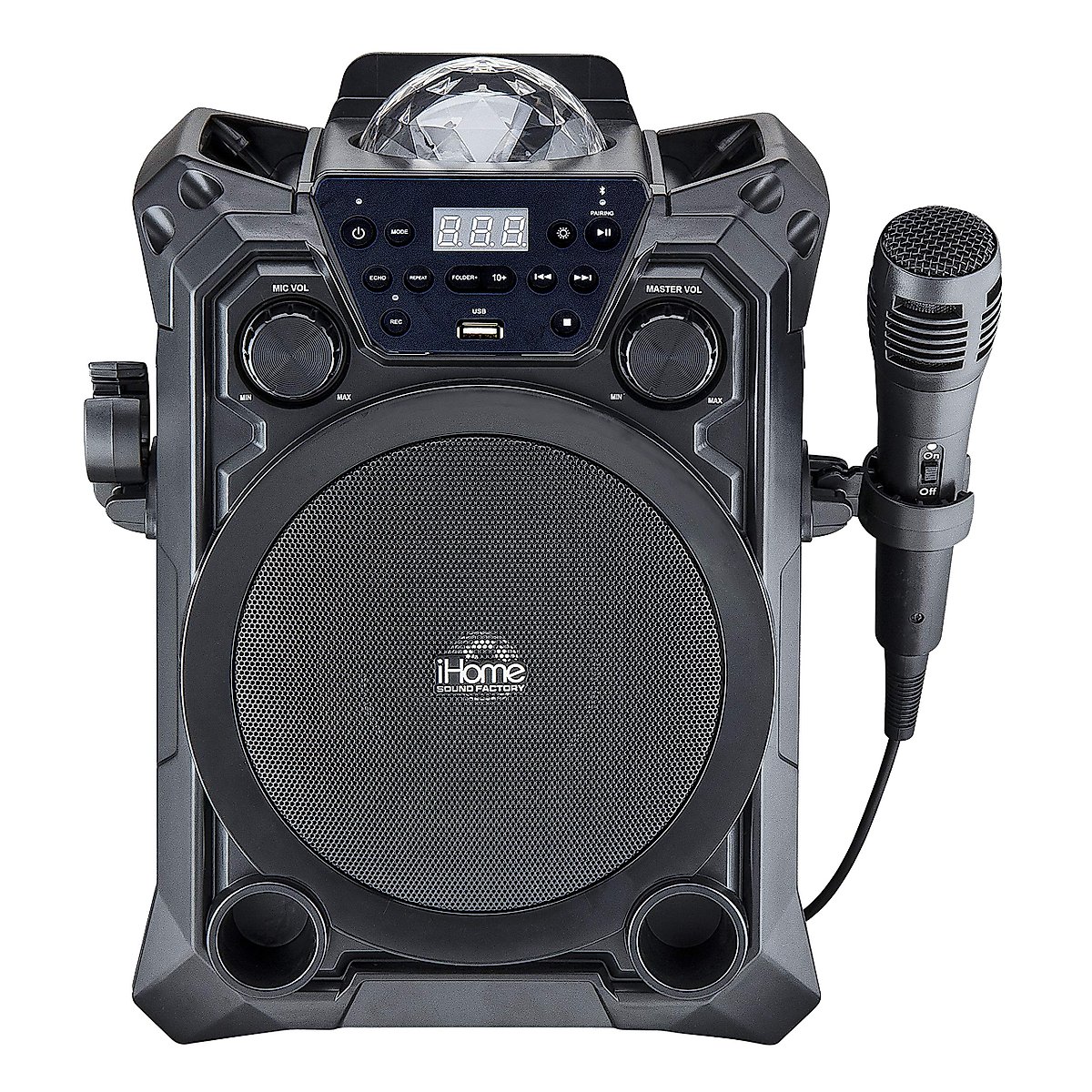 iHome Karaoke Machine with Bluetooth Speaker and Wired Microphone Designed for Kids and Adults, Includes USB Recording Feature and Party Lights