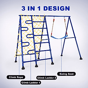 Leikefitness Swing Set for Backyard, Heavy Duty Metal Swing Rack for Indoor and Outdoor Activities, Frame Metal Blue Swing Set with 1 Swing Seat, Climbing Net, and 2 Ladders