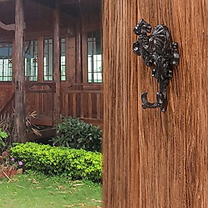 BRASSTAR Cast Iron 2 Wall Hooks/Hangers - Decorative Wall Mounted Coat Hook Rustic with Double Row of Carve Patterns Indoor Outdoor Decoration PTZY224