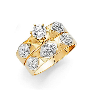 Jewels By Lux 14K White and Yellow Gold Two Tone Round Cubic Zirconia CZ Wedding Band and Engagement Bridal Ring Two Piece Set Size 6.5