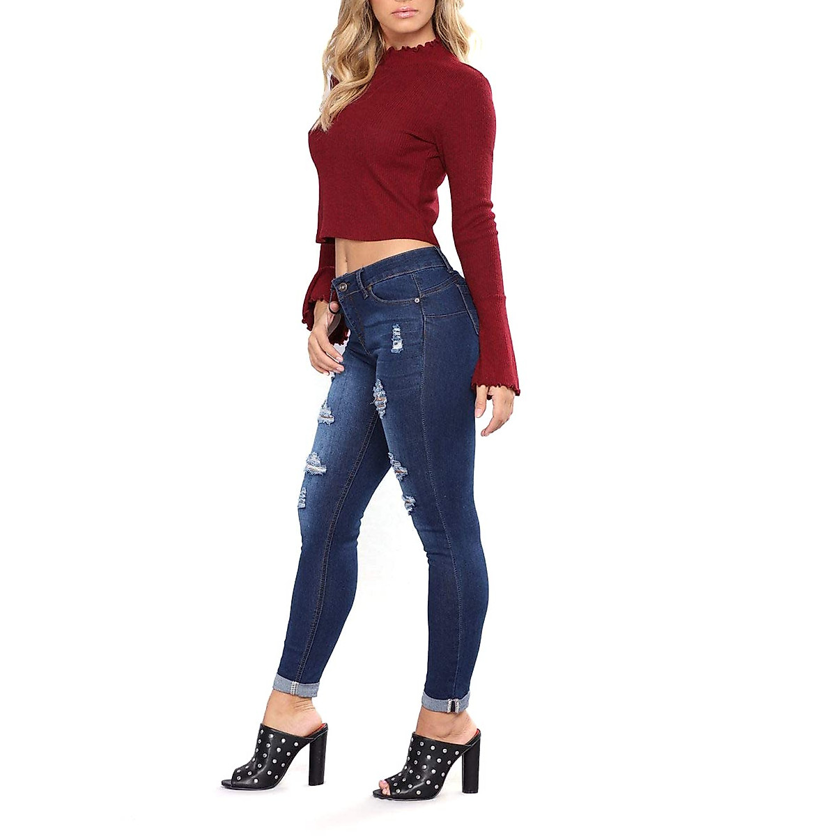 Women's High Waisted Stretch Ripped Skinny Jeans Juniors Destroyed Butt Lifting Denim Pants (Blue, US 10)