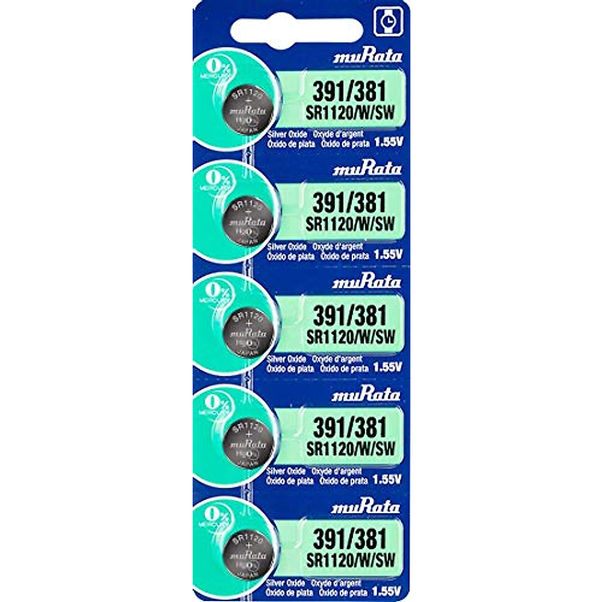 Murata 381/391 Battery SR1120/W/SW 1.55V Silver Oxide Watch Button Cell (5 Batteries)