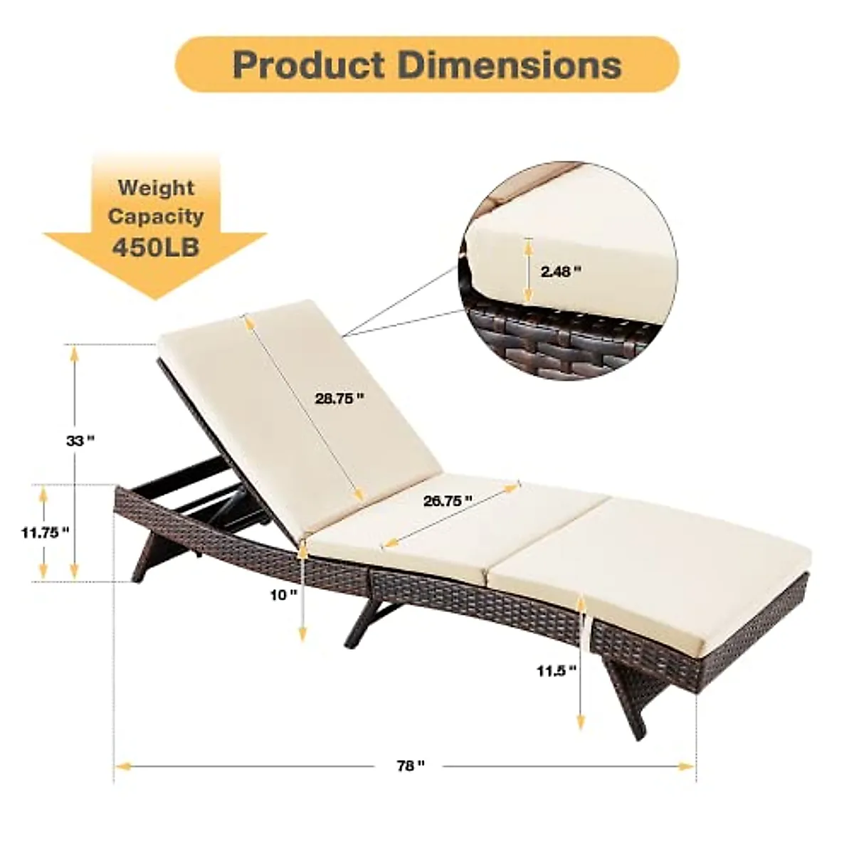 Vicluke Patio Chaise Lounge Chair, Outdoor Rattan Wicker Reclining Chaise with Adjustable Backrest and Removable Cushion, Pool Lounge Chair Sun Lounger for Poolside, Balcony, Garden (1 Piece, Khaki)