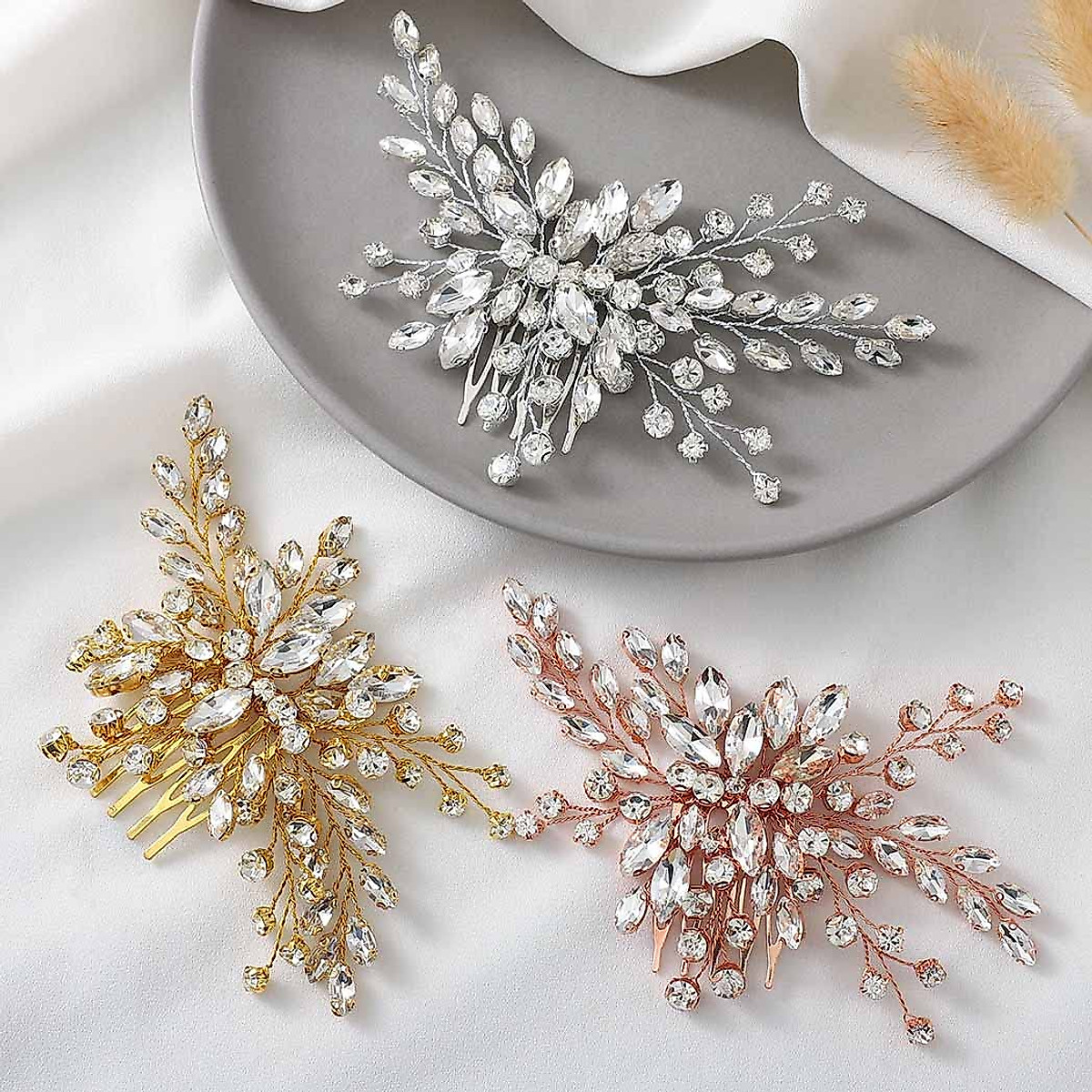 Easedaily Bride Wedding Hair Comb Silver Crystal Hair Pieces Rhinestone Headpieces Bridal Hair Clip Side Combs Hair Accessories for Women and Girls
