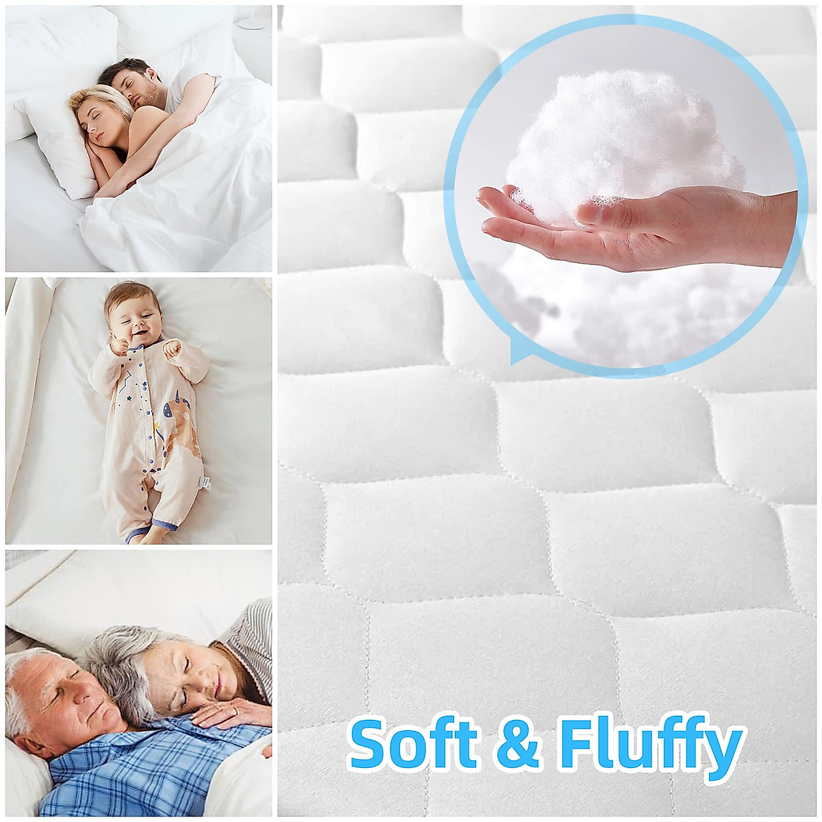 WINGLAM-Quilted Fitted Mattress Pad (Waterproof)-Elastic Fitted Mattress Protector(White)-Bed Cover Stretches up to 18 Inches with Deep Pocket(Queen)-Machine Washable Mattress Cover-Fluffy & Soft