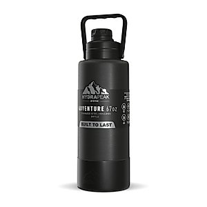 Hydrapeak Adventure 67oz Insulated Water Bottle with Handle, Large Stainless Steel Thermos with Matching Rubber Boot, Double Wall Insulation Keeps Drinks Cold for 60 Hrs and Hot for 30 Hrs (Black)