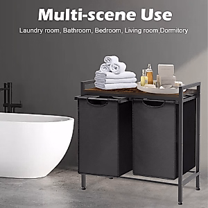 Whoonba Large Laundry Hamper Sorter with 2 Removable & Pull-Out Sorting Bags, Wooden Top Shelf, Versatile Laundry Basket Organizer for Laundry Room, Bathroom, Dorm, 10 * 2 Gal, Black