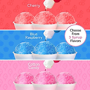 Nostalgia Premium Snow Cone Party Kit, 3 Syrups, Blue Raspberry, Cherry, Cotton Candy, 20 Cups & Spoon Straws