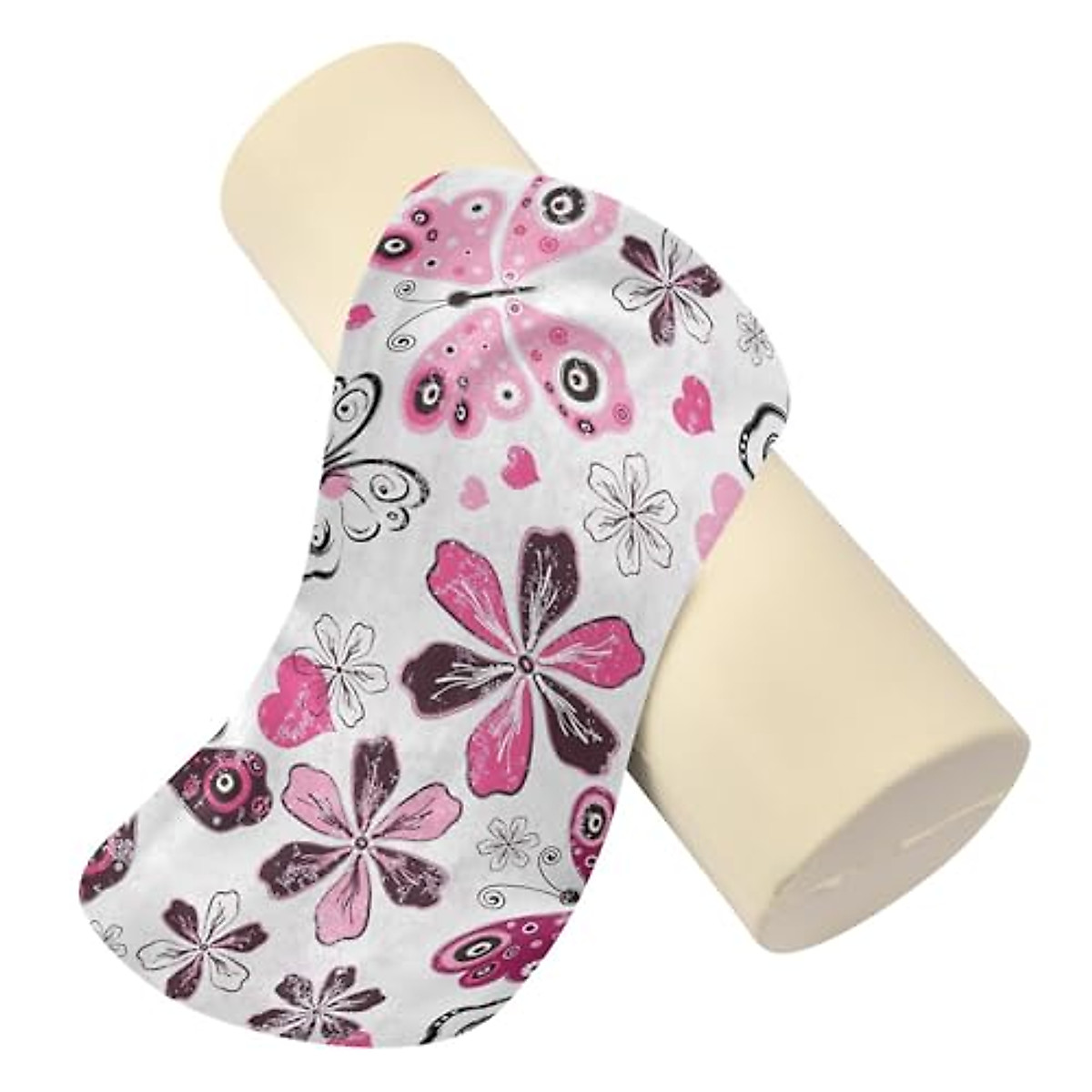 xigua Pink Butterfly Floral Neck Roll Pillow for Neck Relief with Removable Washable Cover - Memory Foam Round Cylinder Bolster, Ergonomically Designed for Head, Neck, Back, and Legs