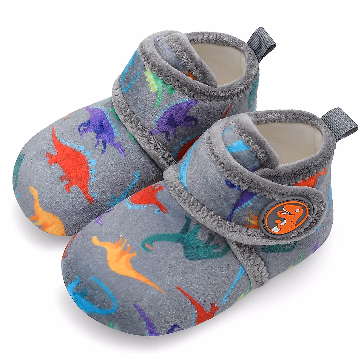 Scurtain Unisex Kids Toddler Slippers Socks Fleece Slippers for Boys Girls Baby Artificial Woolen Booties with Non-Slip Rubber Sole slippers for toddler kids slippers Grey/Dino 5.5-6 Toddler