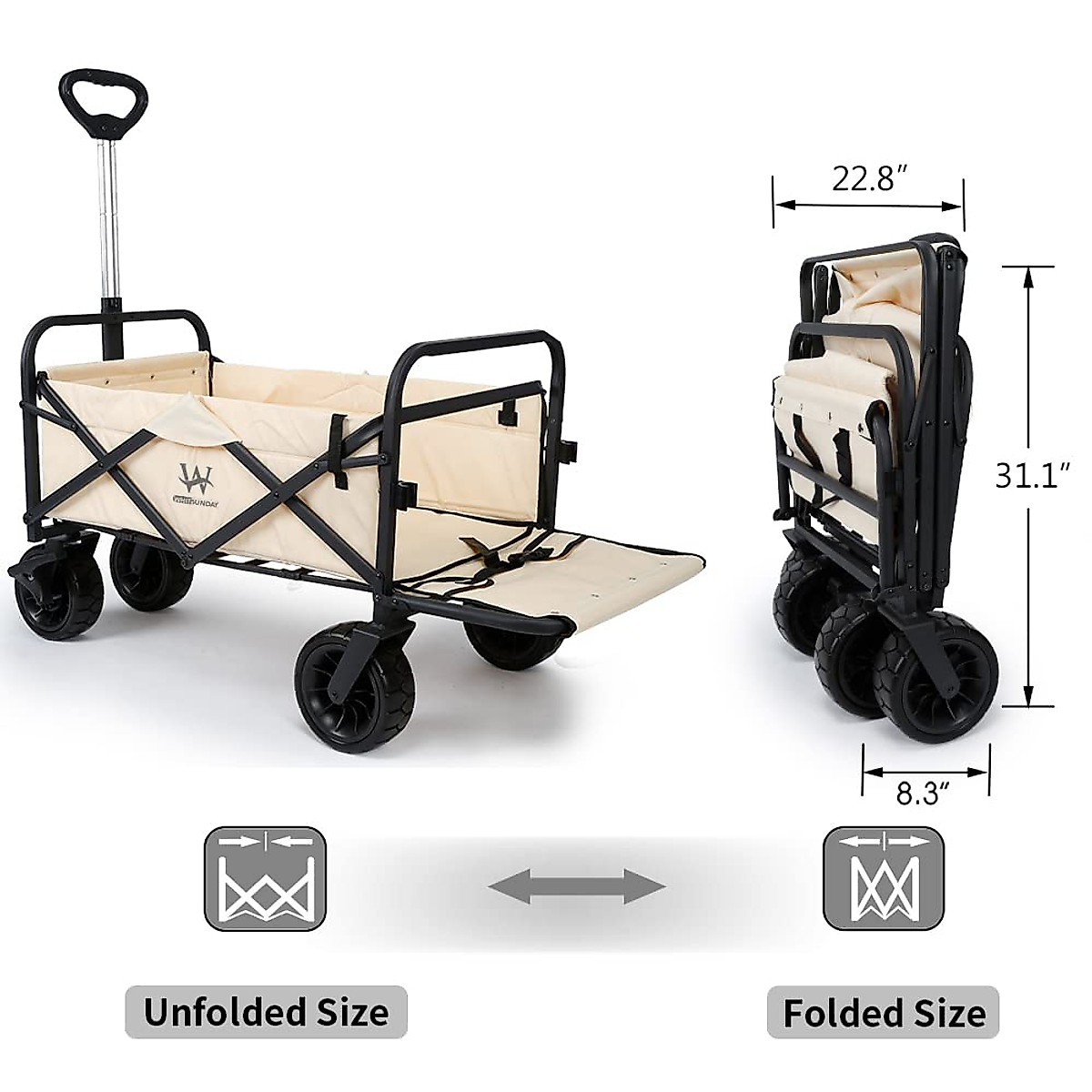 WHITSUNDAY Collapsible Folding Garden Outdoor Park Utility Wagon Picnic Camping Cart with 8“ Bearing Fat Wheel and Brake (Standard Size(Plus+) 8" Wheels with Tailgate (Beige)