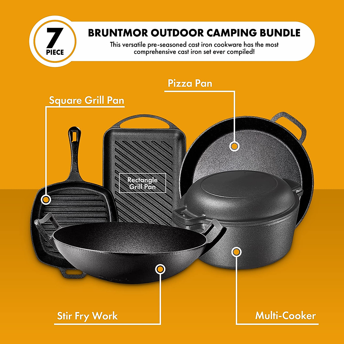 Pre Seasoned Cast Iron 7 Piece Bundle Gift Set, Double Dutch, Rectangular grill Pan, Wok, Large Skillet, Square Grill Pan & Chainmail, Camping Cookware Set