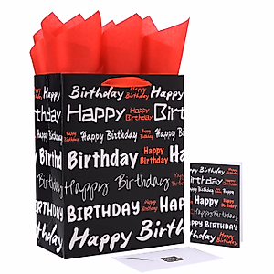 13" Large Black Gift Bags Set with Greeting Card and Tissue Papers (White & Red Happy Birthday) for Men's or Women's, Boys, Girls or Kids Party, Baby