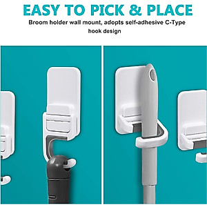 Tinkeep Mop Holder Wall Mounted Holder Broom & Mop Grippers Self Adhesive Acrylonitrile Butadiene Styrene No Drilling Super Anti-Slip Broom and Dustpan Hanger Wall Mount Mops Rakes Holder 3 pcs, White