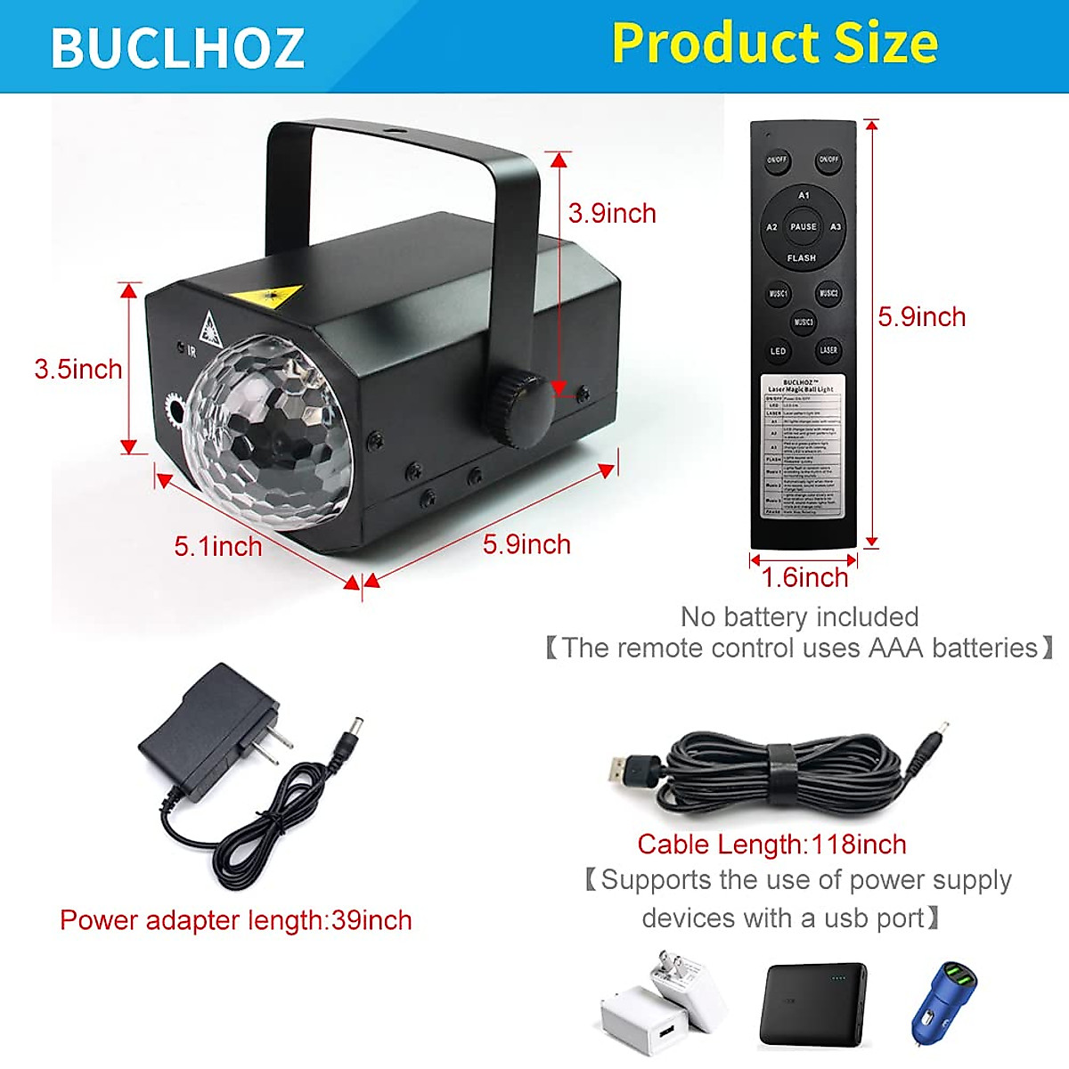 BUCLHOZ LED Magic Ball Party Light, Black, Rectangular, Iron and Cast Iron