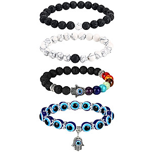 Hicarer 4 Pieces Evil Eye Bracelet Set Hamsa Charm Beaded Bracelets Chakra Charm Stretch Bracelet for Women(Elegant Style)