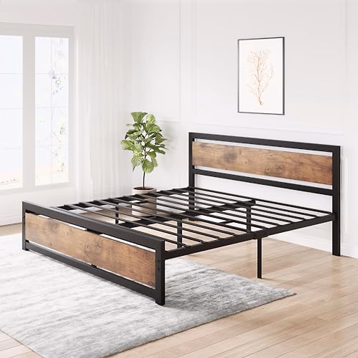 GAOMON Queen Size Bed Frame Platform with Headboard, Industrial Queen Bed Platform Frame with Heavy Duty Steel Slat, No Box Spring Needed Easy to Assemble 14 inch Wooden Bedframe - Queen