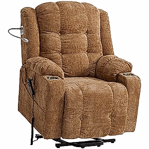 Creatuis Large Lift Recliner Chair for Elderly with Massage and Heat Lay Flat Electric Power Lift Chair LED Reading Light USB Port Cup Holders Side Pocket Plush Chenille (Light Brown)