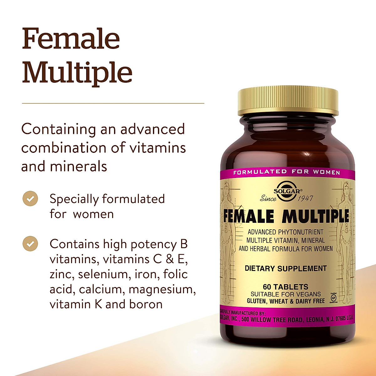 Solgar Female Multiple, 60 Tablets - Multivitamin, Mineral & Herbal Formula for Women - Advanced Phytonutrient - Vegan, Gluten Free, Dairy Free, Kosher - 20 Servings