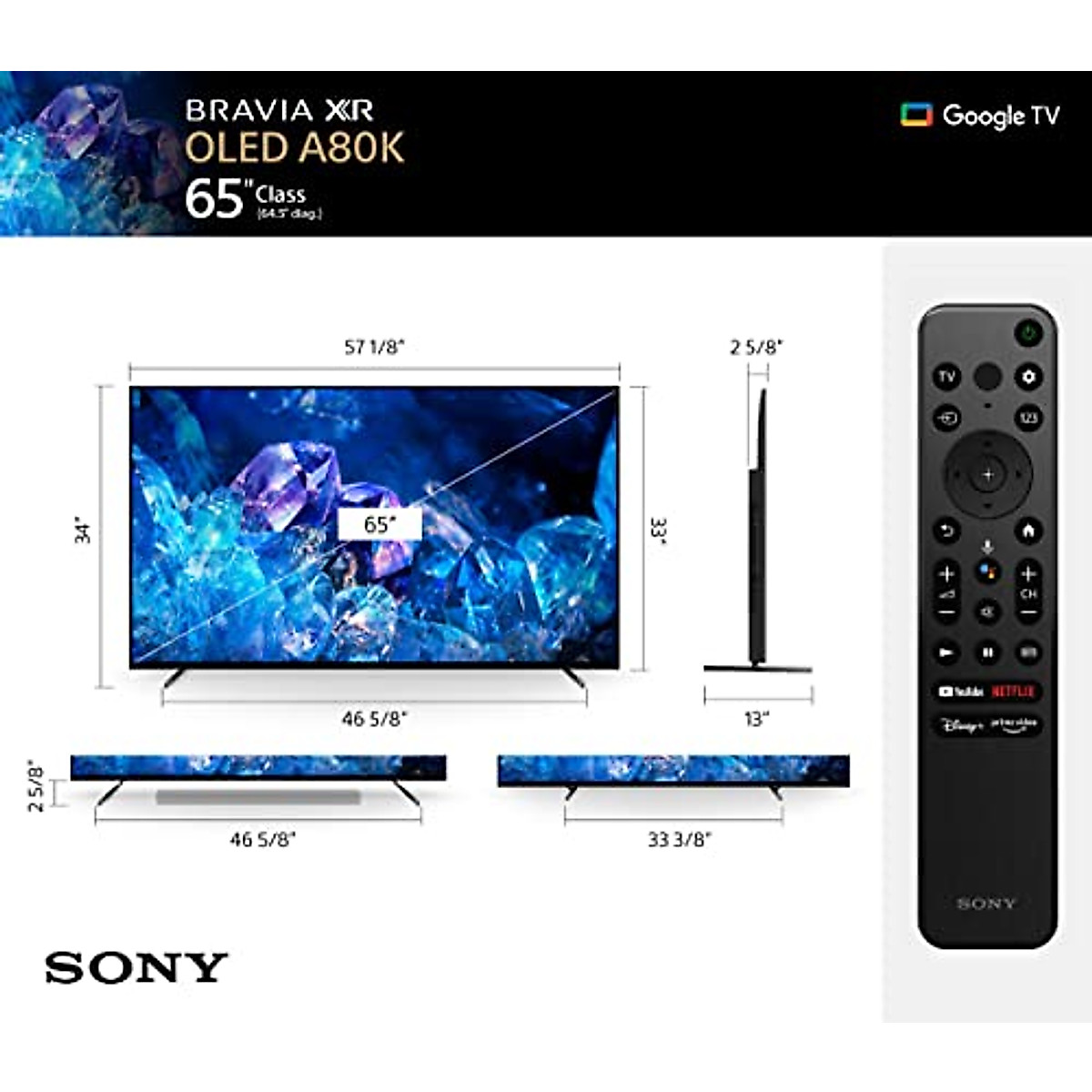 Sony 65 Inch 4K Ultra HD TV A80K Series: BRAVIA XR OLED Smart Google TV with Dolby Vision HDR and Exclusive Features for The Playstation® 5 XR65A80K- 2022 Model (Renewed)