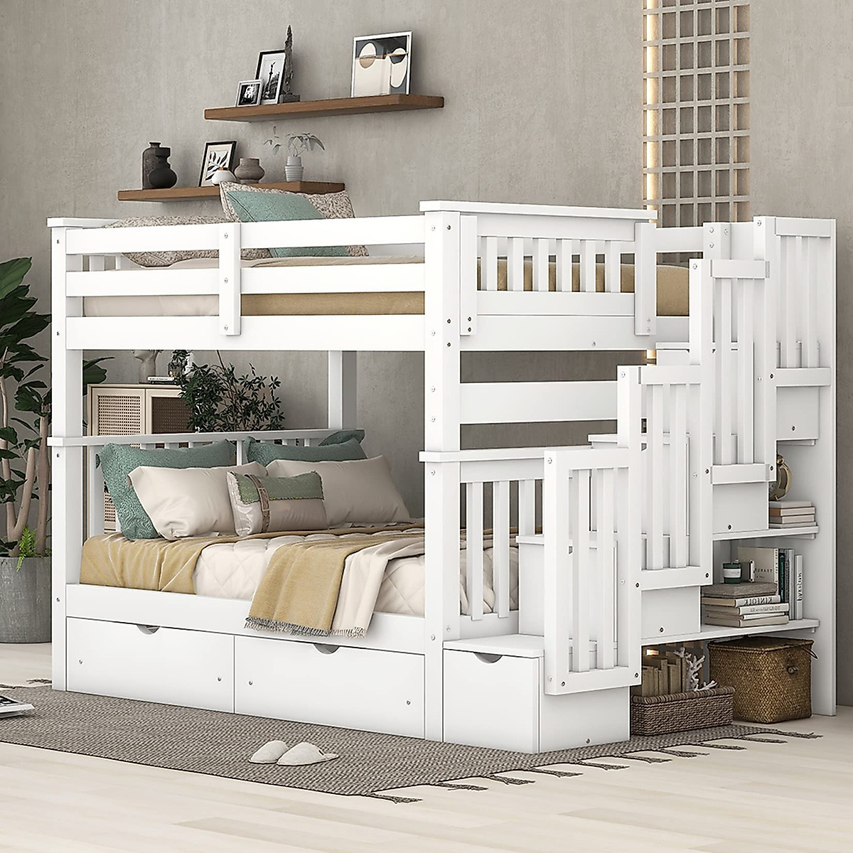 Harper & Bright Designs Full Over Full Bunk Bed with Stairs, Wooden Bunk Bed with Storage Drawers, for Kids Teens Adults - White