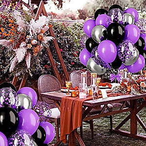 GREMAG Black and Purple Balloon, 60 Pcs Latex Balloon, 12inch Purple Black Silver Confetti Balloon with Ribbons, for Wedding, Birthday Party Decorations, Anniversary, Graduation, Theme Party Supplies