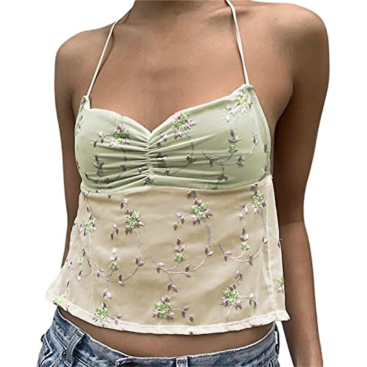 Women Y2K Cami Tank Top Spaghetti Strap V Neck Camisoles Summer Cute Sleeveless Crop Top Streetwear(E-Green Floral cami,S)