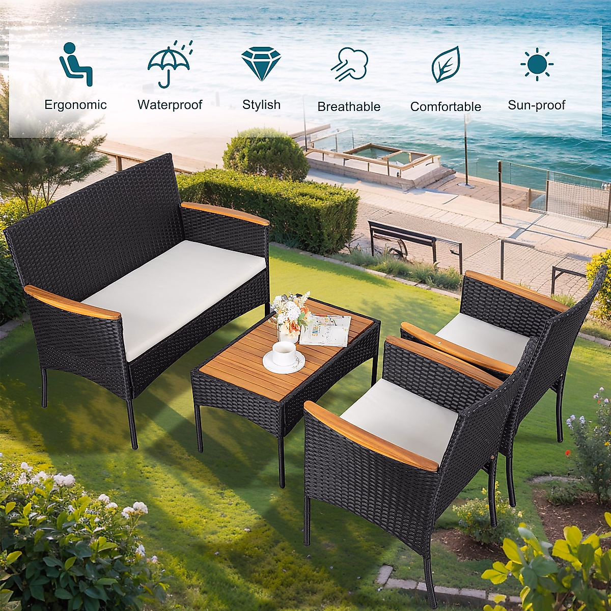 JAMFLY Patio Furniture Set 4 Piece Conversation Set Outdoor Wicker Rattan Chairs Backyard Pool Garden Porch Balcony Patio Loveseat with Cushions and Table, Black/Beige