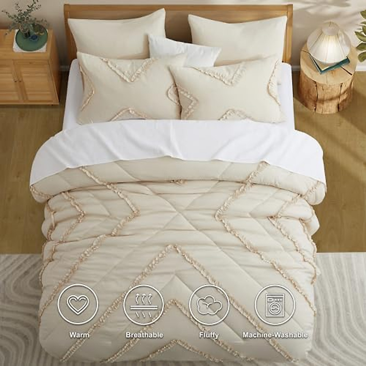 BEDAZZLED Twin Comforter Set - Beige Ruffle Comforter 3PCS Bed in a Bag, Textured Bed Comforter Chic Fluffy Bedding Set (1 Ruffle Pillowcase and 1 Solid Color Pillowcase)