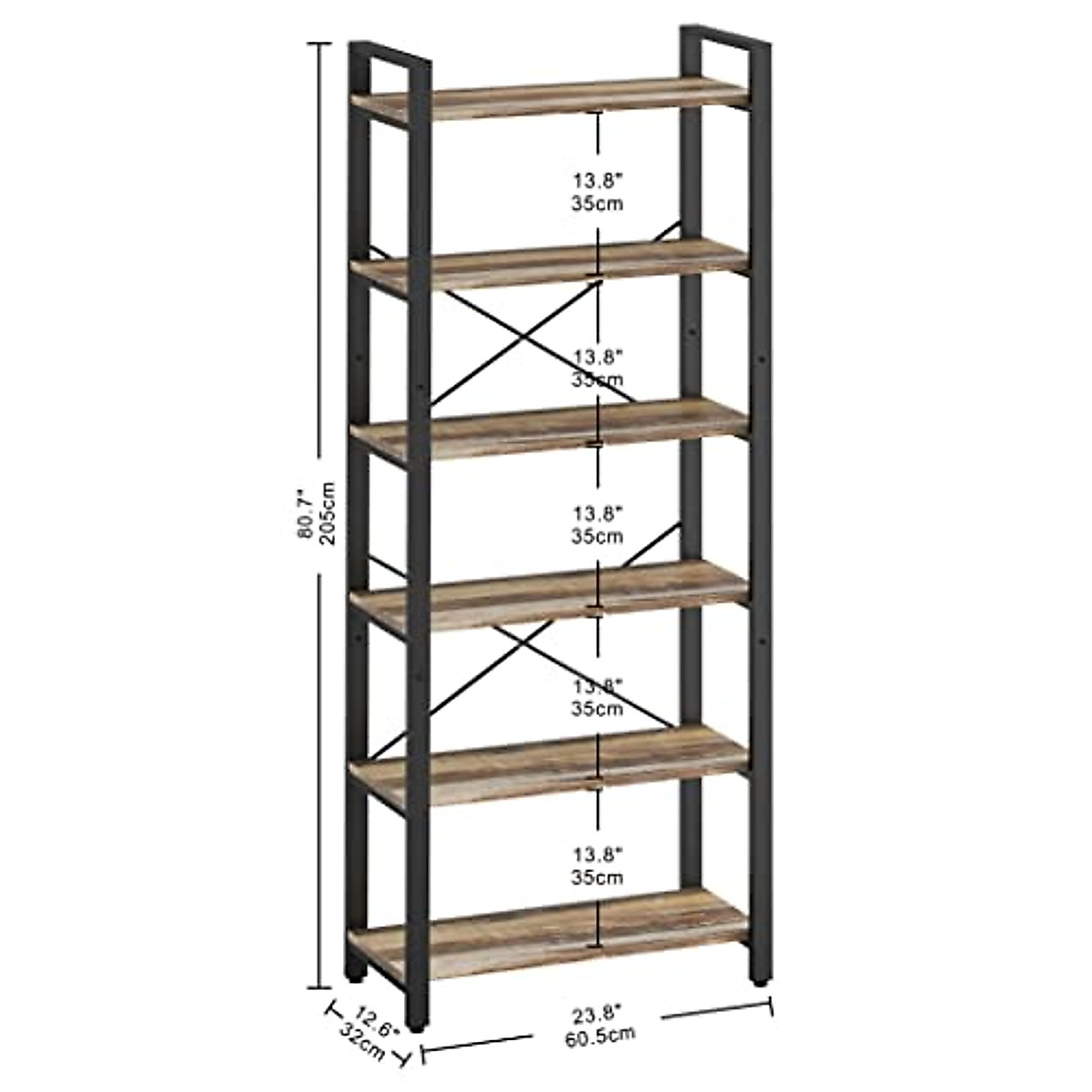 IRONCK Bookshelf 6-Tier Ladder Shelf 110lbs/shelf Vintage Industrial Style Bookcase for Home Decor, Office Decor