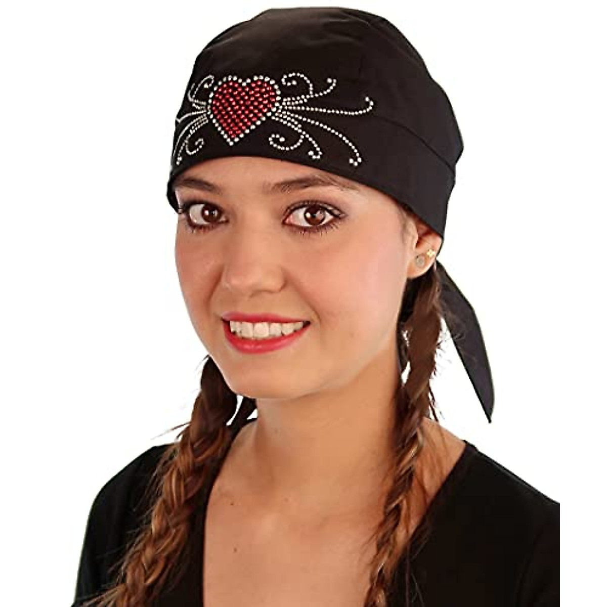 Black Skull Cap with Red Heart & Swirls Rhinestud - American Made Embellished Classic Skull Cap - Skull Cap Doo Rag Do Rag Headwrap - Made in USA!
