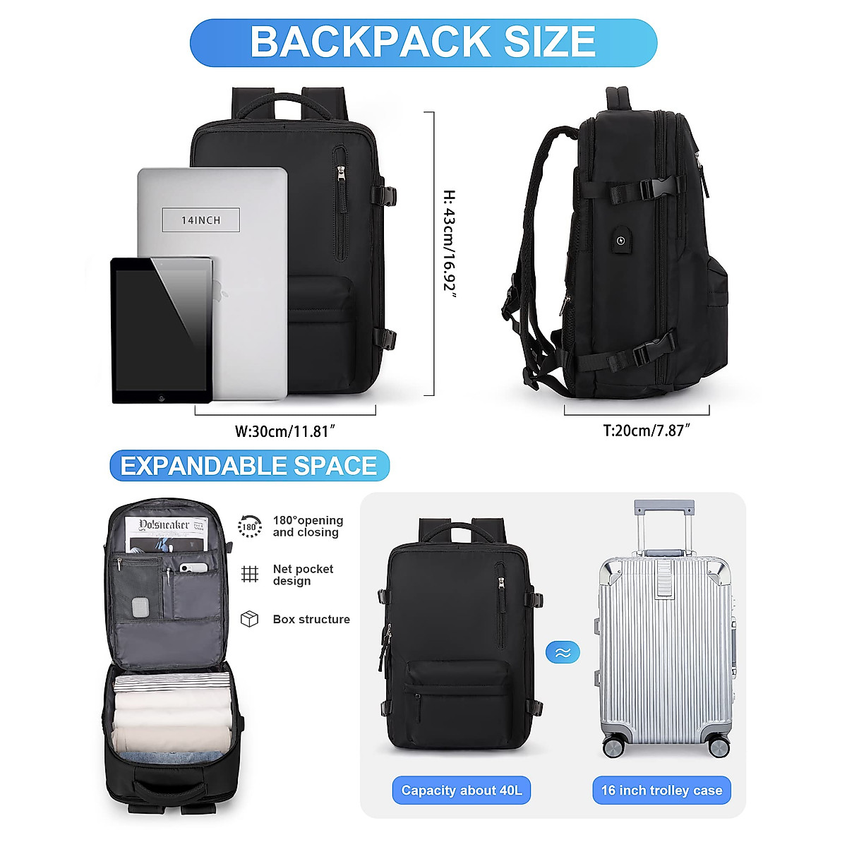 VECAVE Travel Backpack for Women,Airline Approved Carry On Backpack Flight Approved,Waterproof 14 Inch Laptop Backpack with Shoe Compartment Casual Daypack Backpacks Black