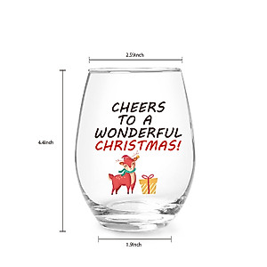 Jogskeor Cheers to a Wonderful Christmas Wine Glass, Christmas Elk Stemless Wine Glass for Friends Dad Mom Women Men Christmas New Year Wedding Party Winter Holiday Party, 15 Oz