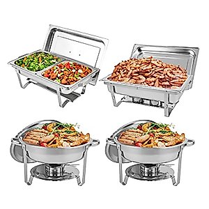 Restlrious Chafing Dish Buffet Set 4 Pack, Stainless Steel 5 QT Round & 8 QT Rectangular Foldable Chafers and Buffet Warmers Set w/ 1 Full Size & 2 Half Food Pan Water Pan, Fuel Can for Catering Event