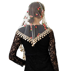 PAMOR Triangle Little Flower Chapel Veils Embroidered Scarf Shawl Latin Mass Head Covering Mantilla Veil for Church (Champagne Rose)