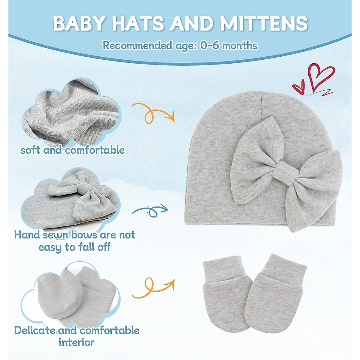 ZURLEFY Baby Girl Hats and Mittens Set for 0-6 Months, Newborn Hospital Hats with Bow for Infant Baby No Scratch Cotton Mittens Set(31-08)