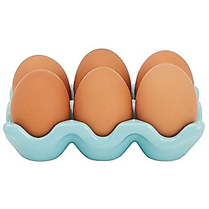 2 Pack Ceramic Half Dozen Egg Tray Holder for Countertop, Refrigerator, Porcelain Egg Carton Holds 6 Chicken Eggs, Hard Boiled Eggs for Easter Egg Painting (Teal)