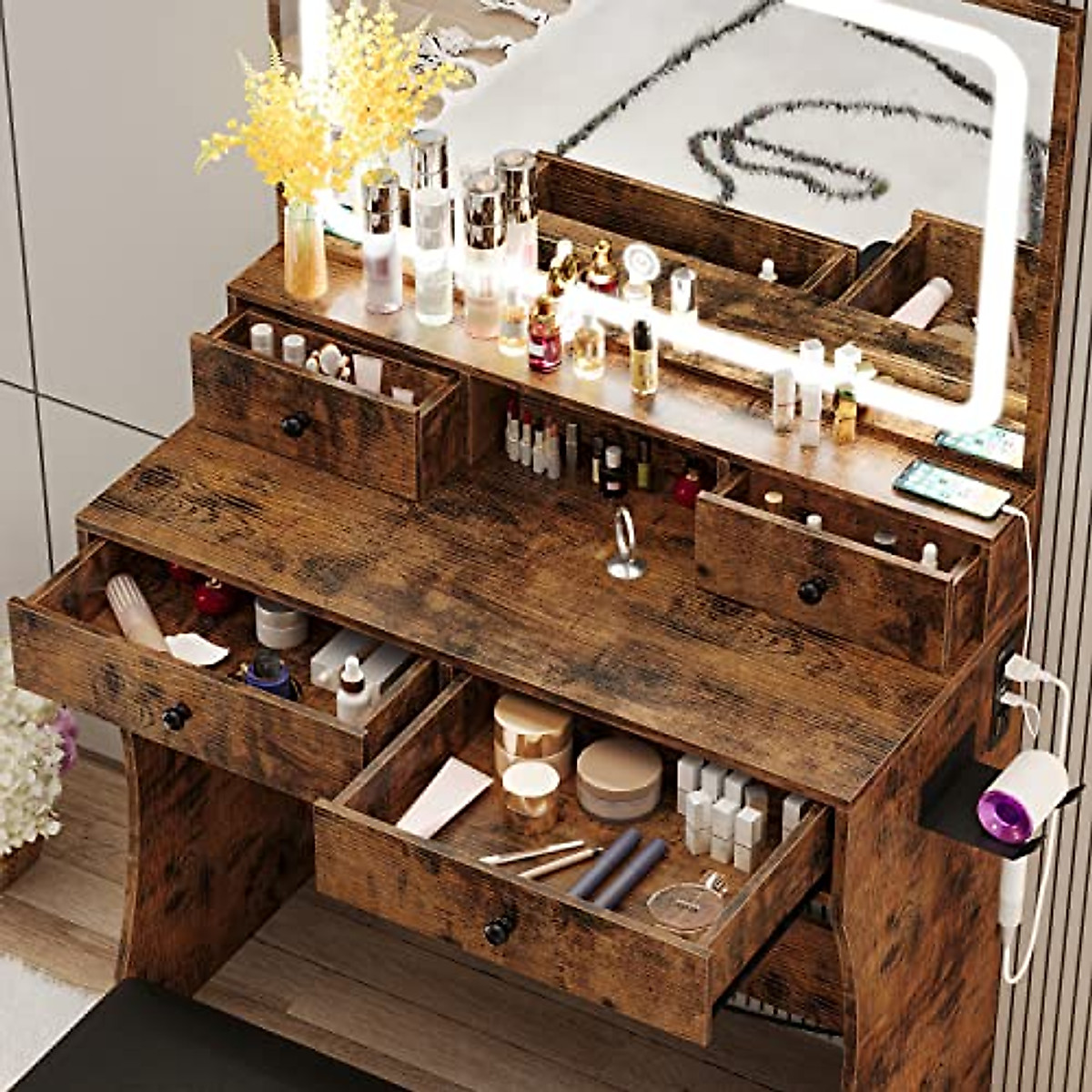 LIKIMIO Vanity Desk with LED Lighted Mirror & Power Outlet & 4 Drawers, Dressing Makeup Table Set with Storage Stool and Hair Dryer Stand, Vintage Brown